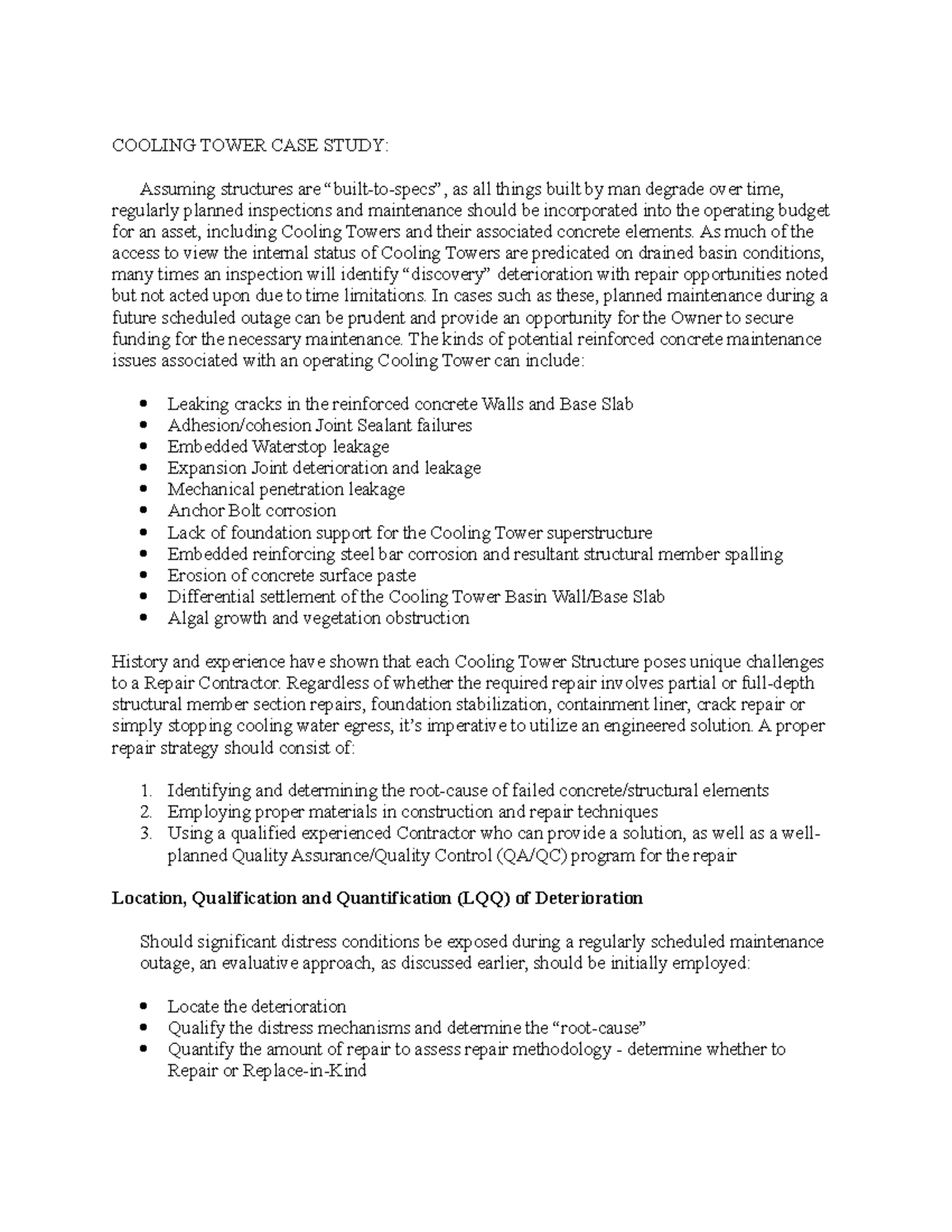 CASE Study - COOLING TOWER CASE STUDY: Assuming structures are “built ...