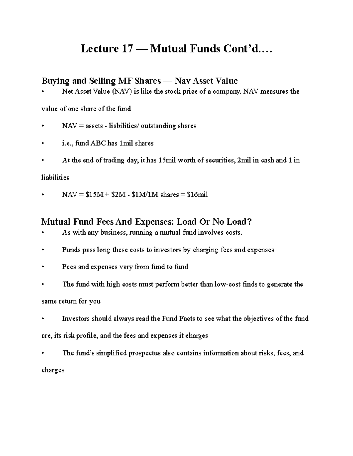 Lecture 17 - Lecture 17 — Mutual Funds Cont’d.... Buying and Selling MF Shares — Nav Asset Value ...