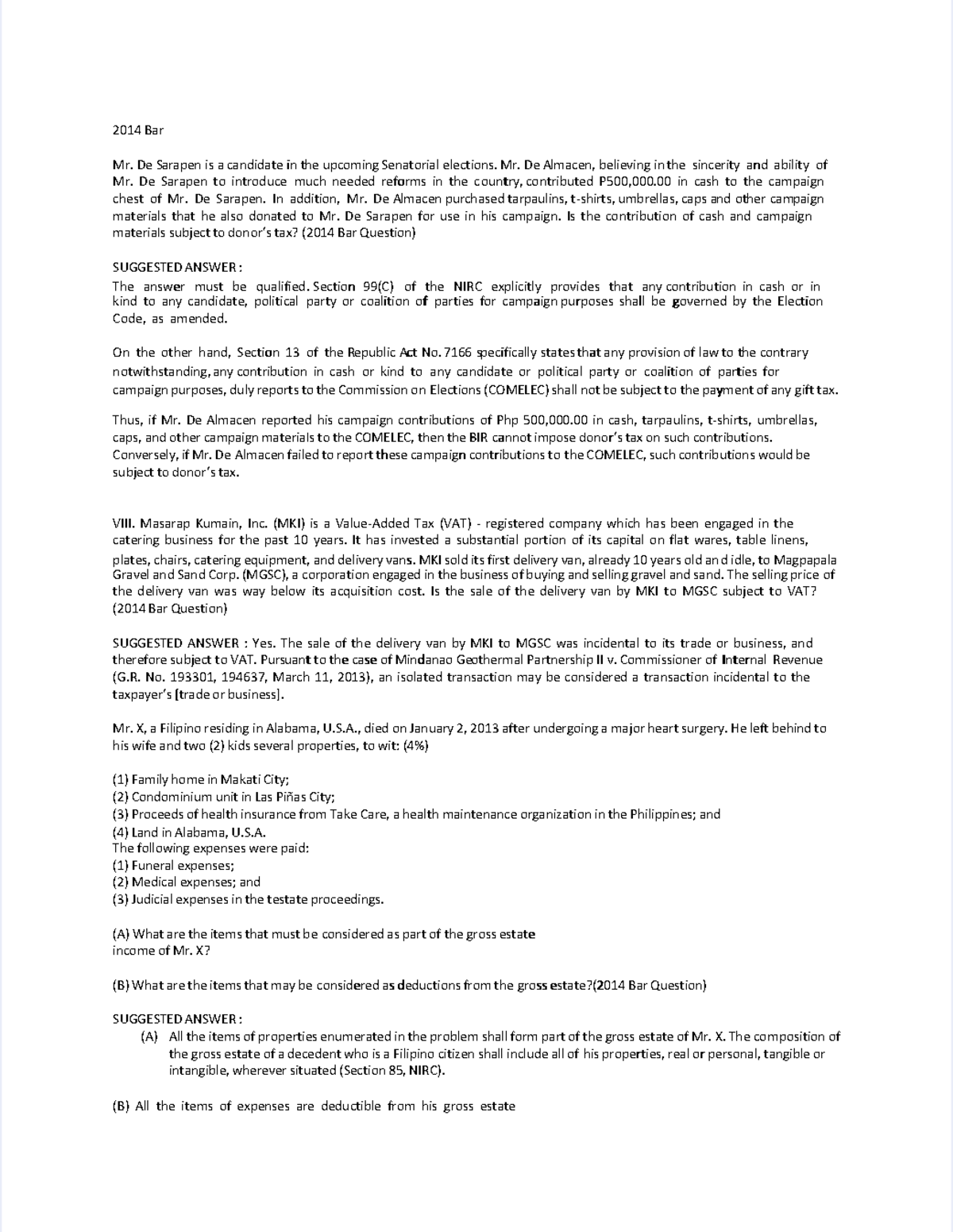 Pdf-tax-2-bar-qampa-for-midterm compress - 2014 Bar2014 Bar Mr. De SMr. De Sarapen is aarapen is ...