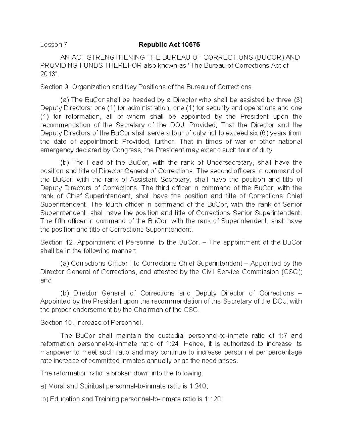 Lesson 7 - Lesson 7 Republic Act 10575 AN ACT STRENGTHENING THE BUREAU ...