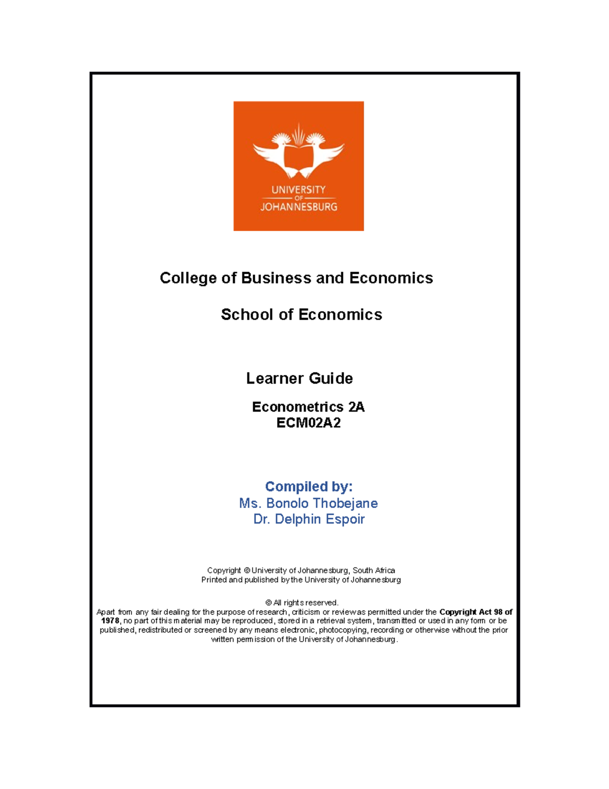 Econometrics 3A learner guide - College of Business and Economics ...