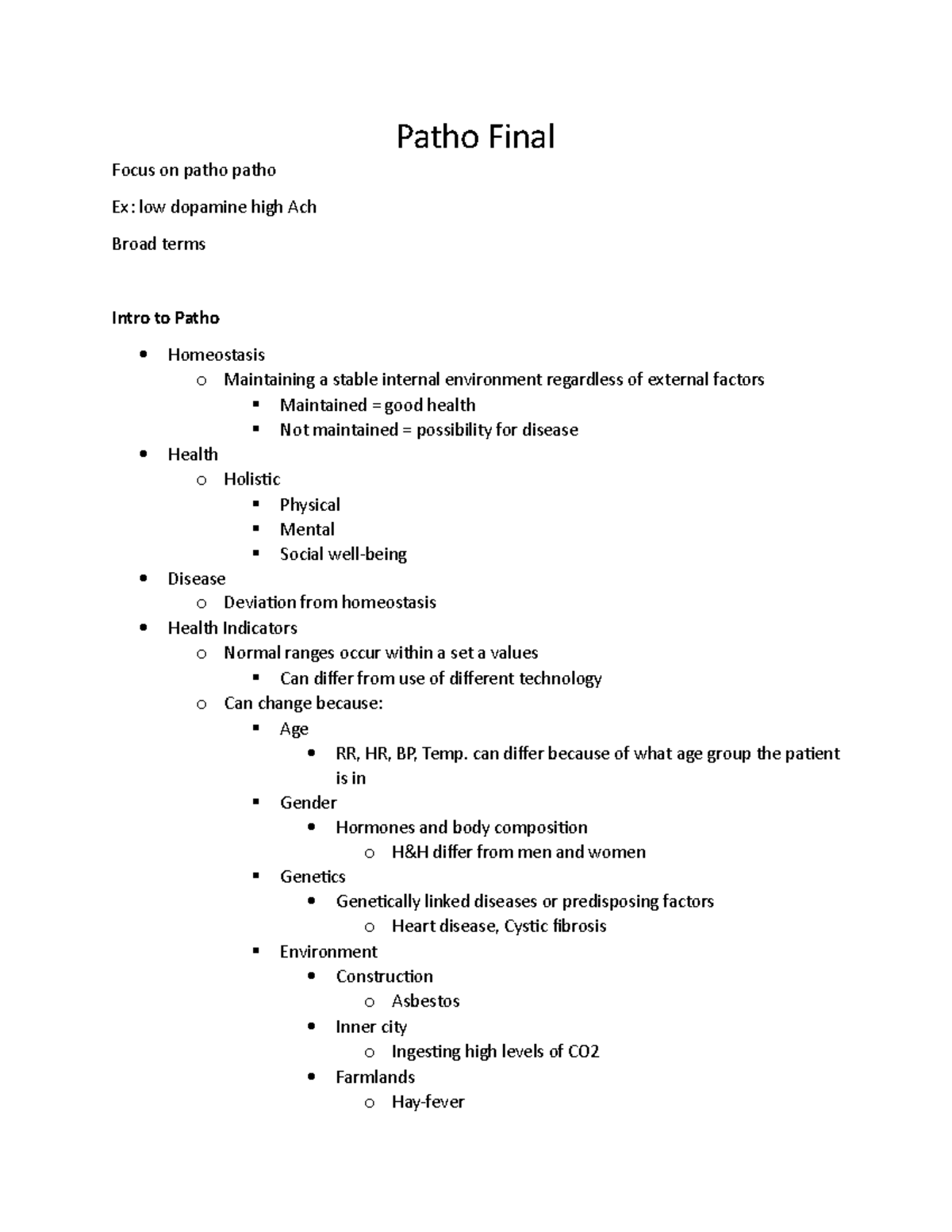 Patho Final Raw - Patho Final Focus on patho patho Ex: low dopamine ...