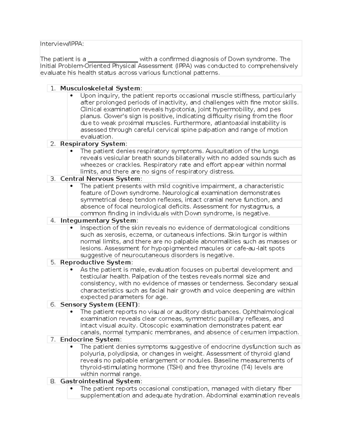 IPPA Assessment Down Syndrome - Interview/IPPA: The patient is a ...