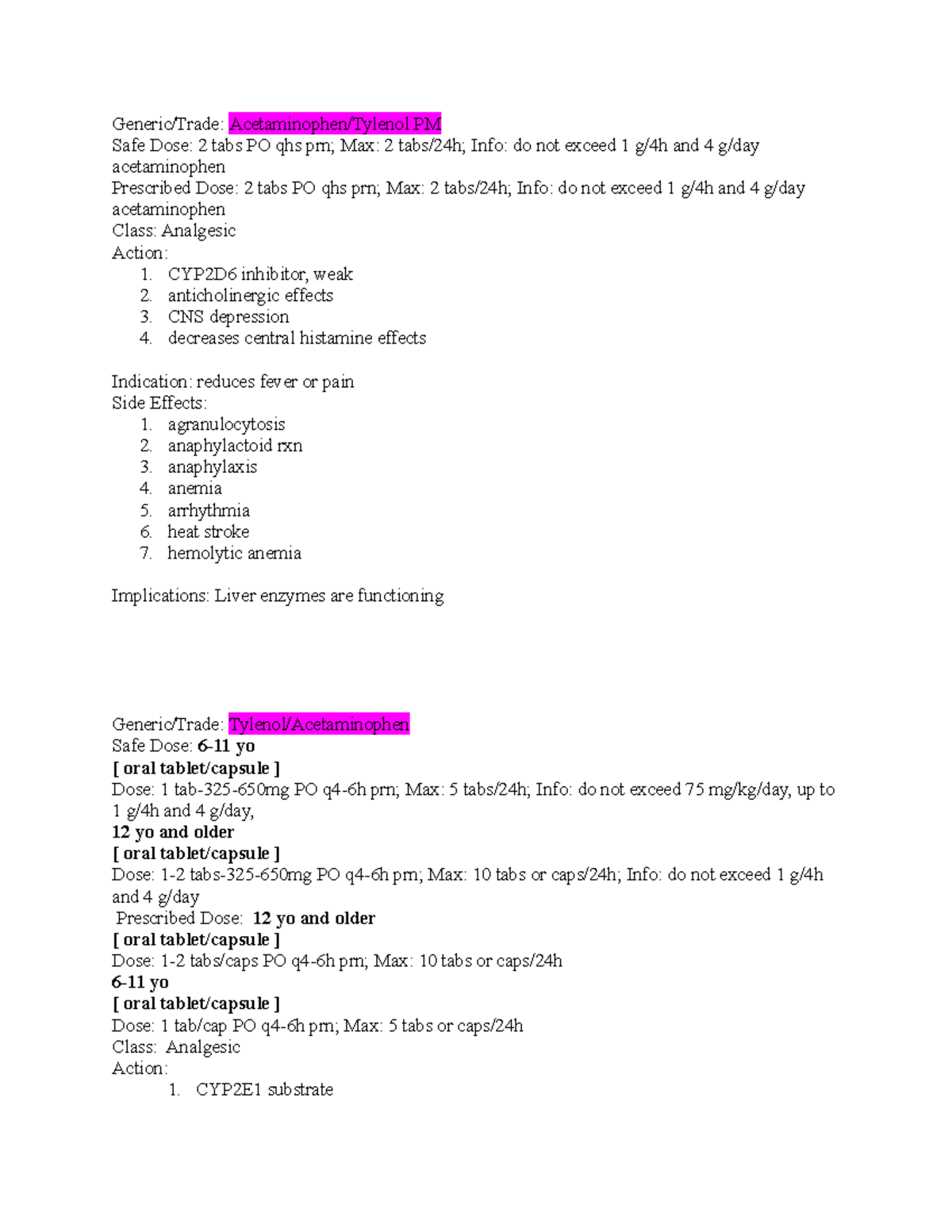 Med Map Clinical - med map - Generic/Trade: Acetaminophen/Tylenol PM ...