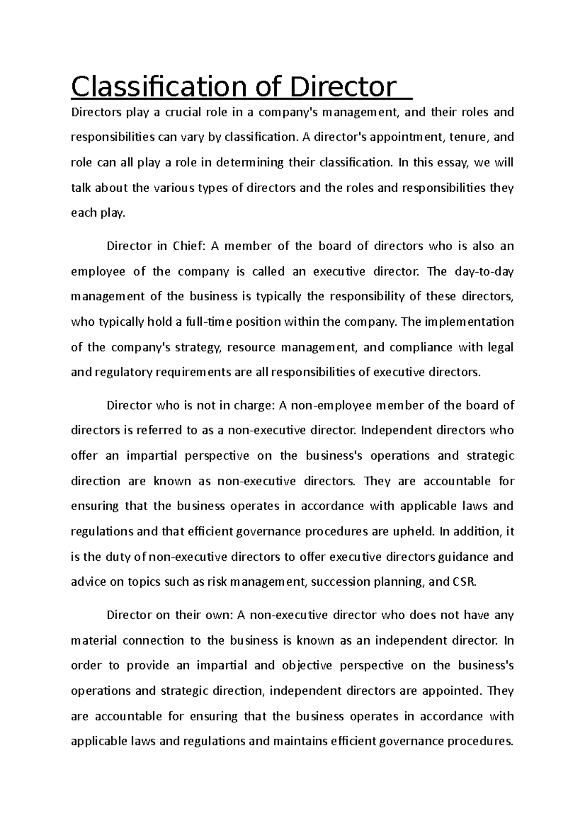 Classification of Director - Classification of Director Directors play ...