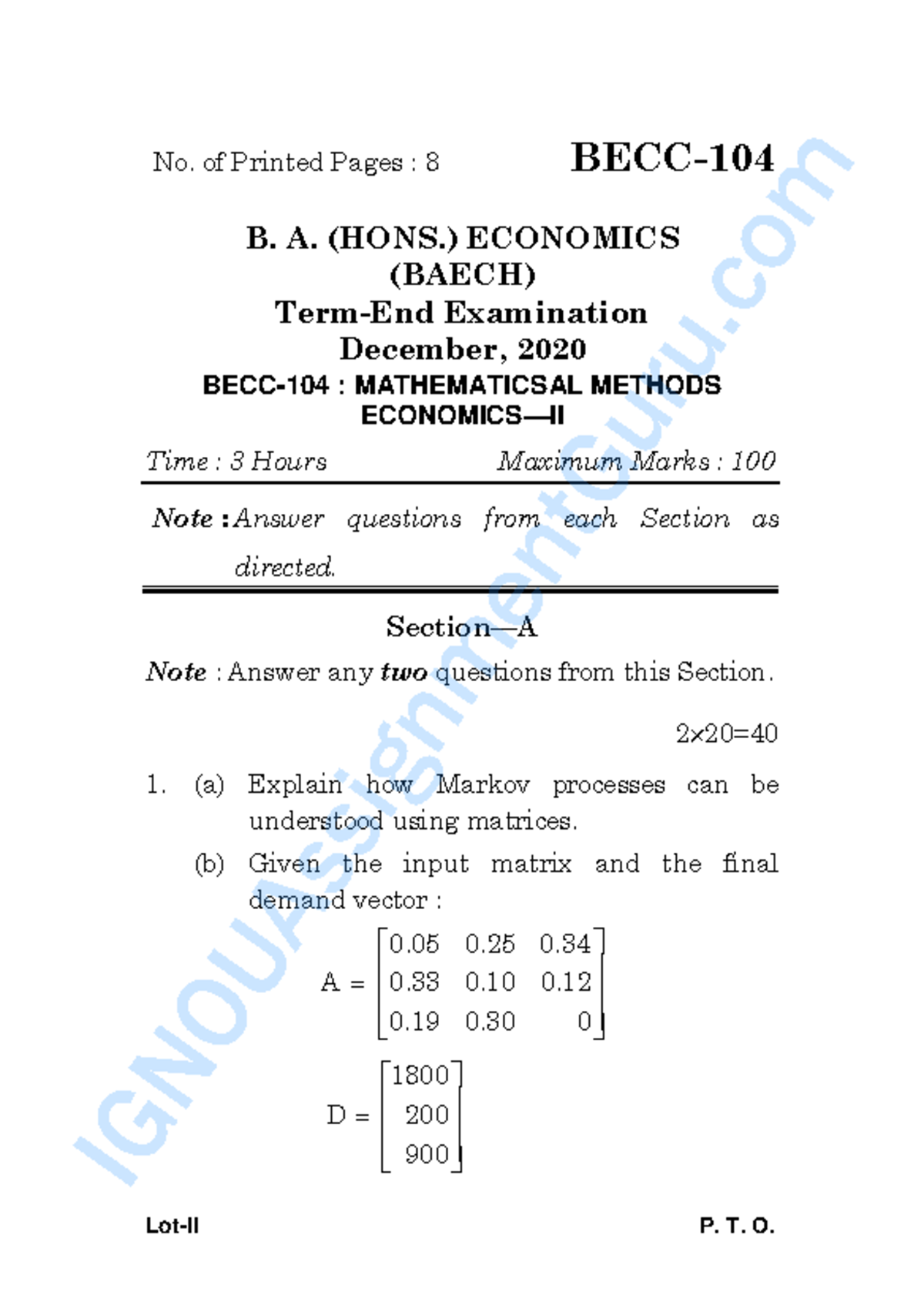 22. Dec 2020 BECC-104 Ignouassignment Guru - Lot-II P. T. O. No. of ...