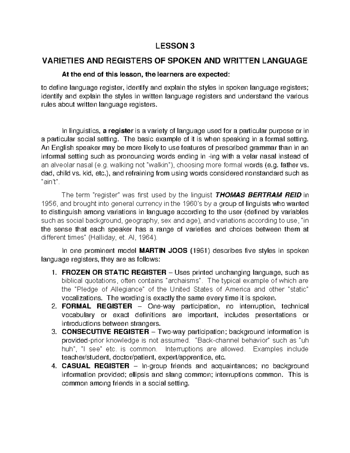 Lesson 3 Varieties AND Registers - LESSON 3 VARIETIES AND REGISTERS OF ...