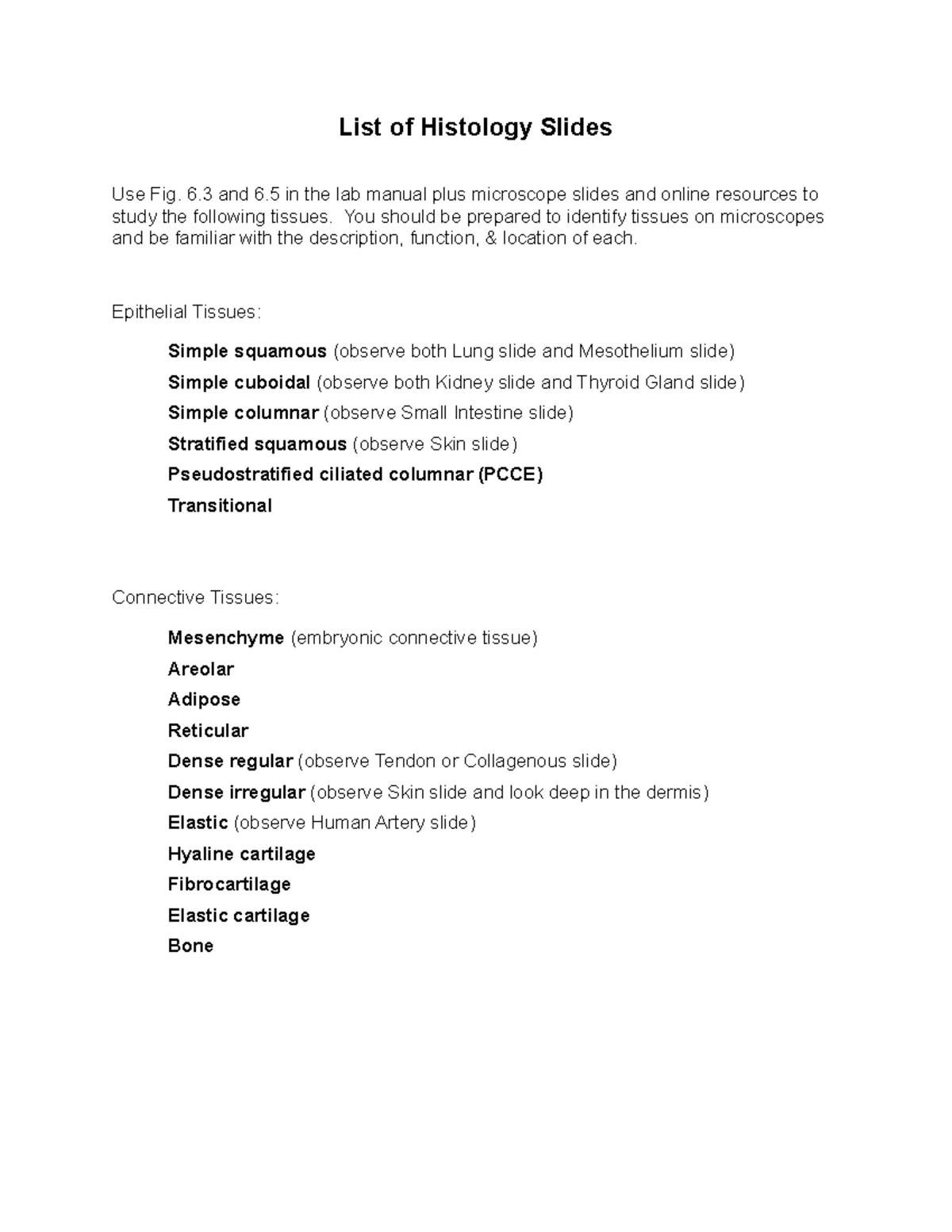 Histology slides - Lecture notes 3 - List of Histology Slides Use Fig ...