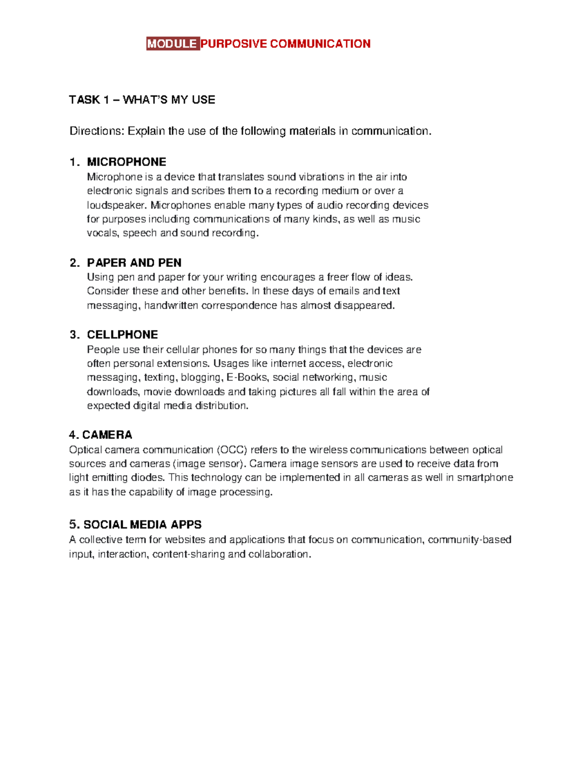 Activity 6 - ANSWER - MODULE PURPOSIVE COMMUNICATION TASK 1 – WHAT’S MY ...