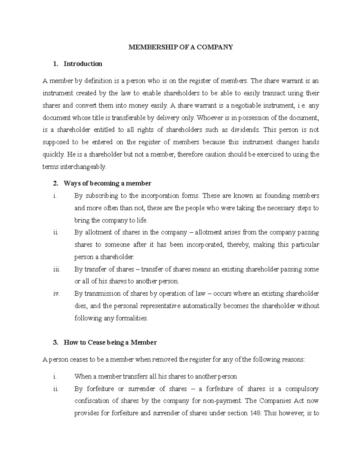Membership OF A Company - MEMBERSHIP OF A COMPANY Introduction A member ...