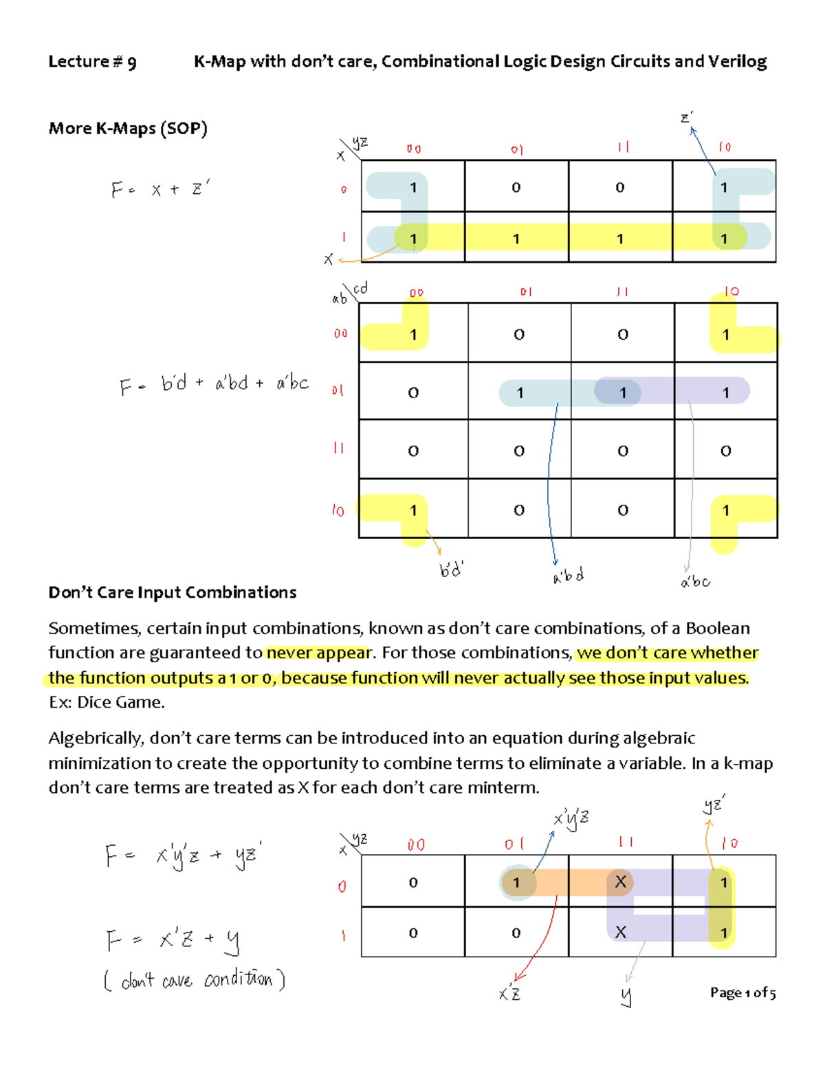Lecture 9 - Professor Yarkin Doroz - Page 1 of 5 Lecture # 9 K-Map with don’t care ...