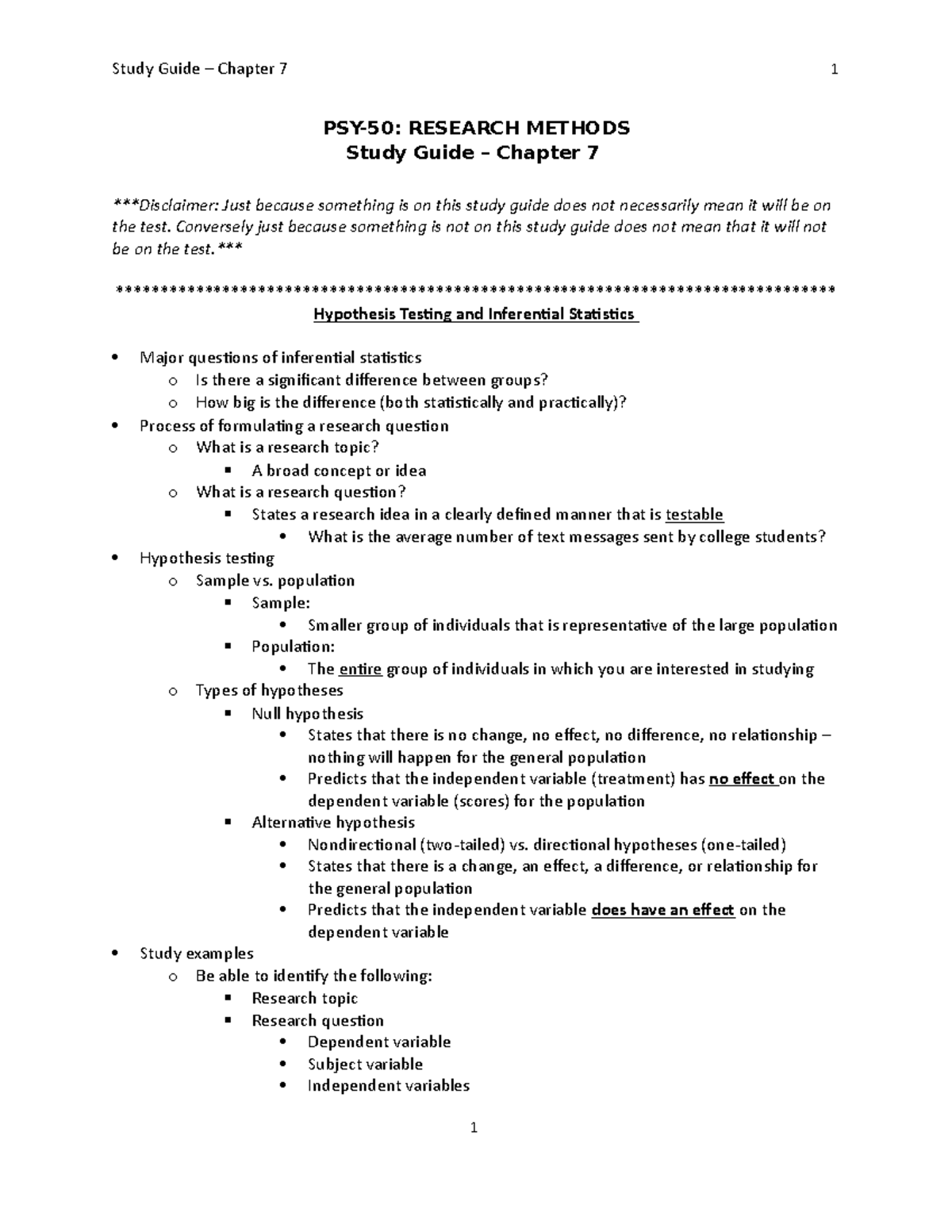 PSY 50 - Chapter 7 Study Guide - Study Guide – Chapter 7 1 PSY-50: RESEARCH METHODS Study Guide ...