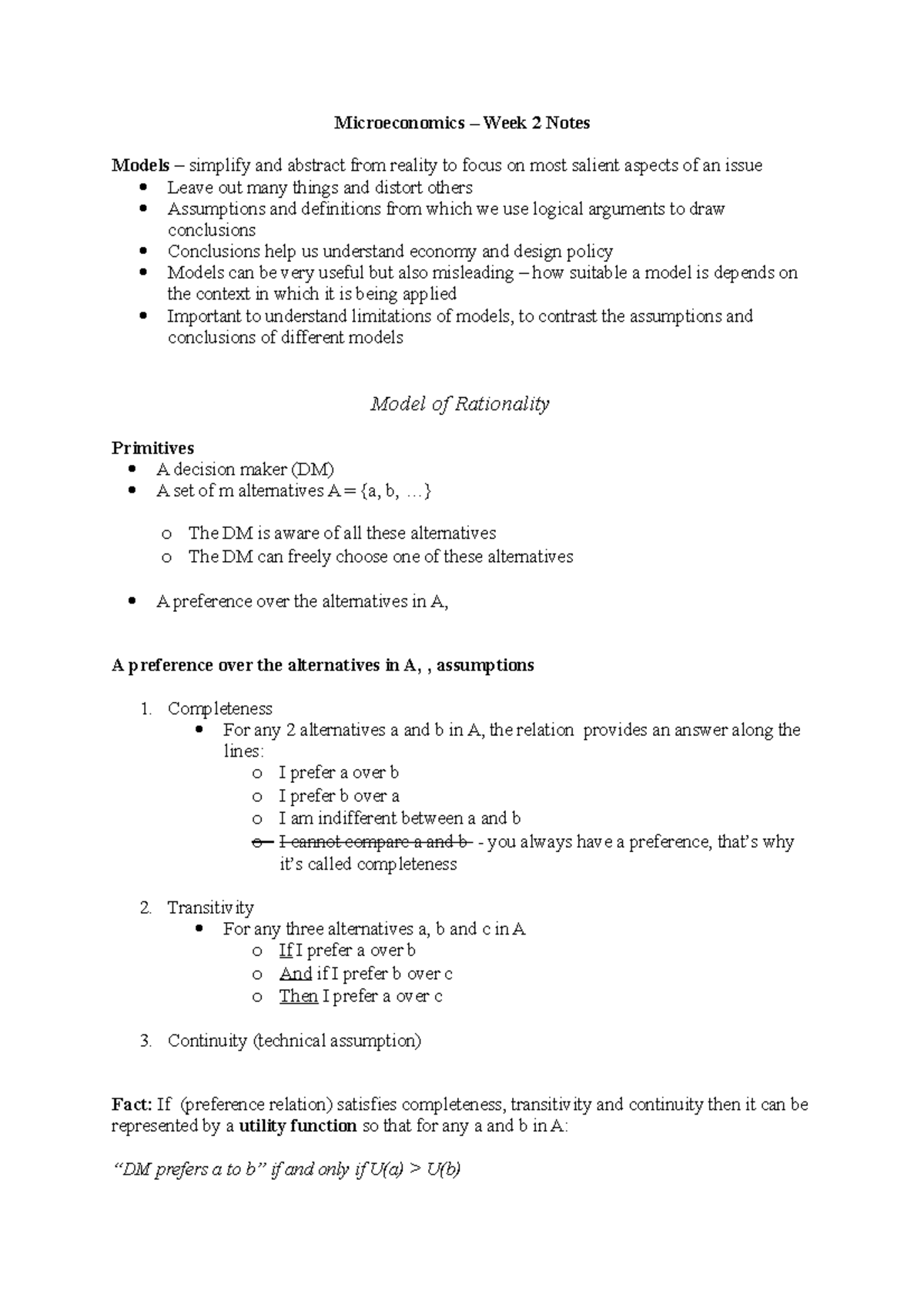 Week 2 Notes - Microeconomics – Week 2 Notes Models – simplify and ...