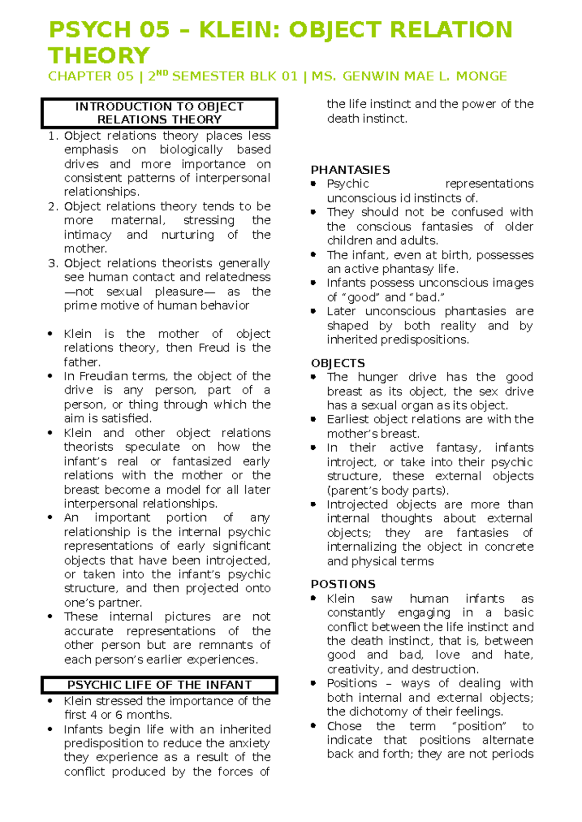 Psych 05 - Chapter 05 - klein: object relation theory - PSYCH 05 – KLEIN: OBJECT RELATION THEORY ...