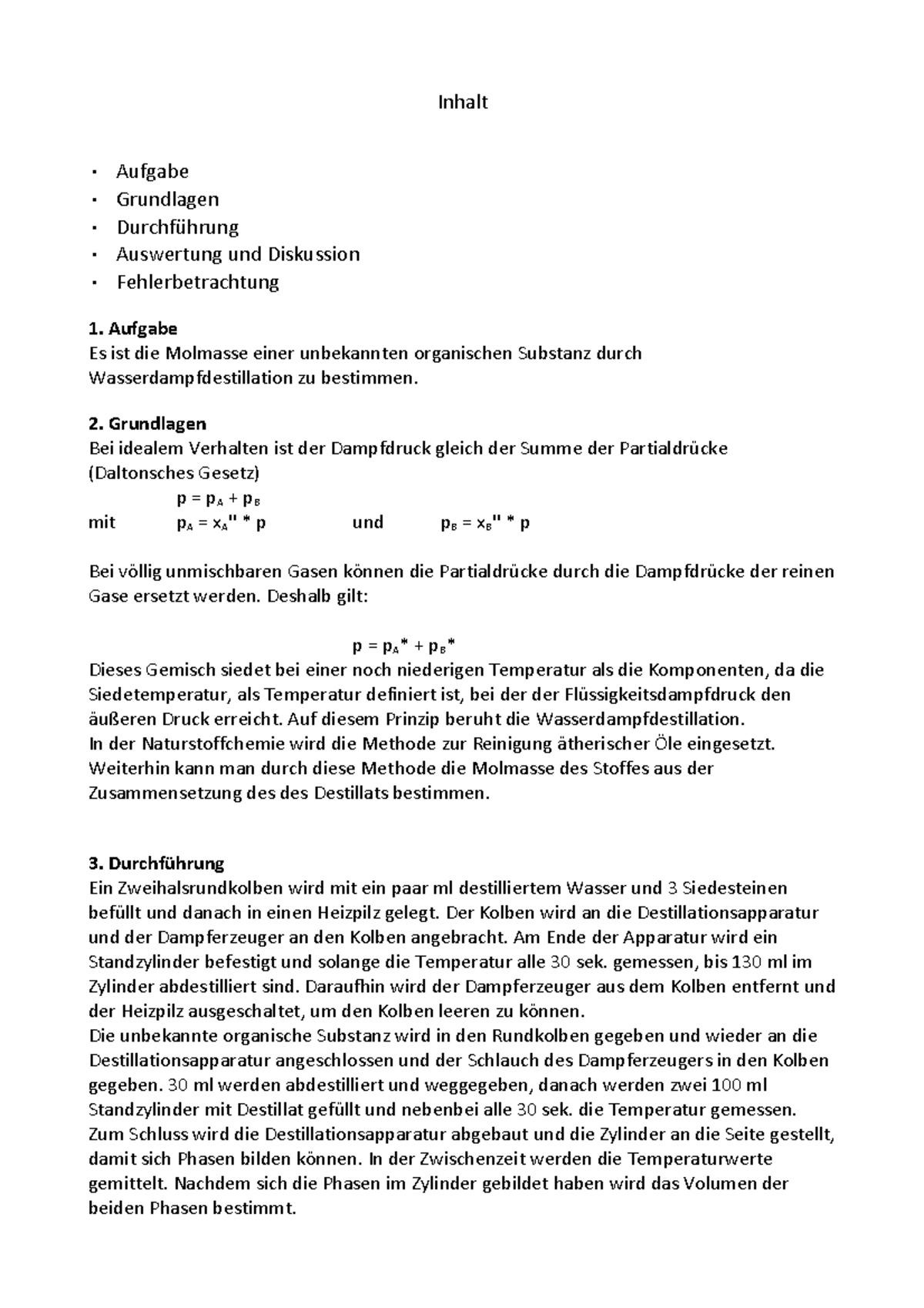 Protokoll Wasserdampfdestillation 2. Korrektur - Warning: TT: undefined function: 32 Inhalt ...