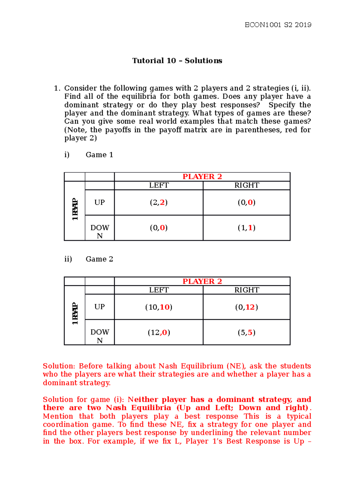 ECON1001 S2 2019 Tut 10-Solution - ECON1001 S2 2019 Tutorial 10 – Solutions Consider the ...