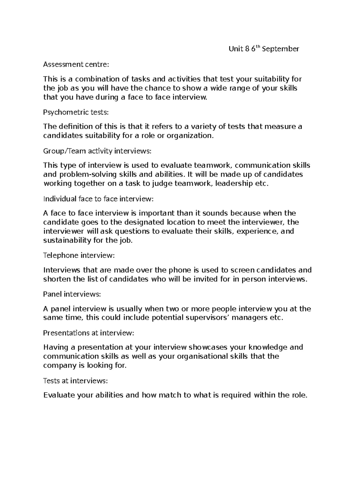 Unit 8 6th September - unit 8 - Unit 8 6 th September Assessment centre ...