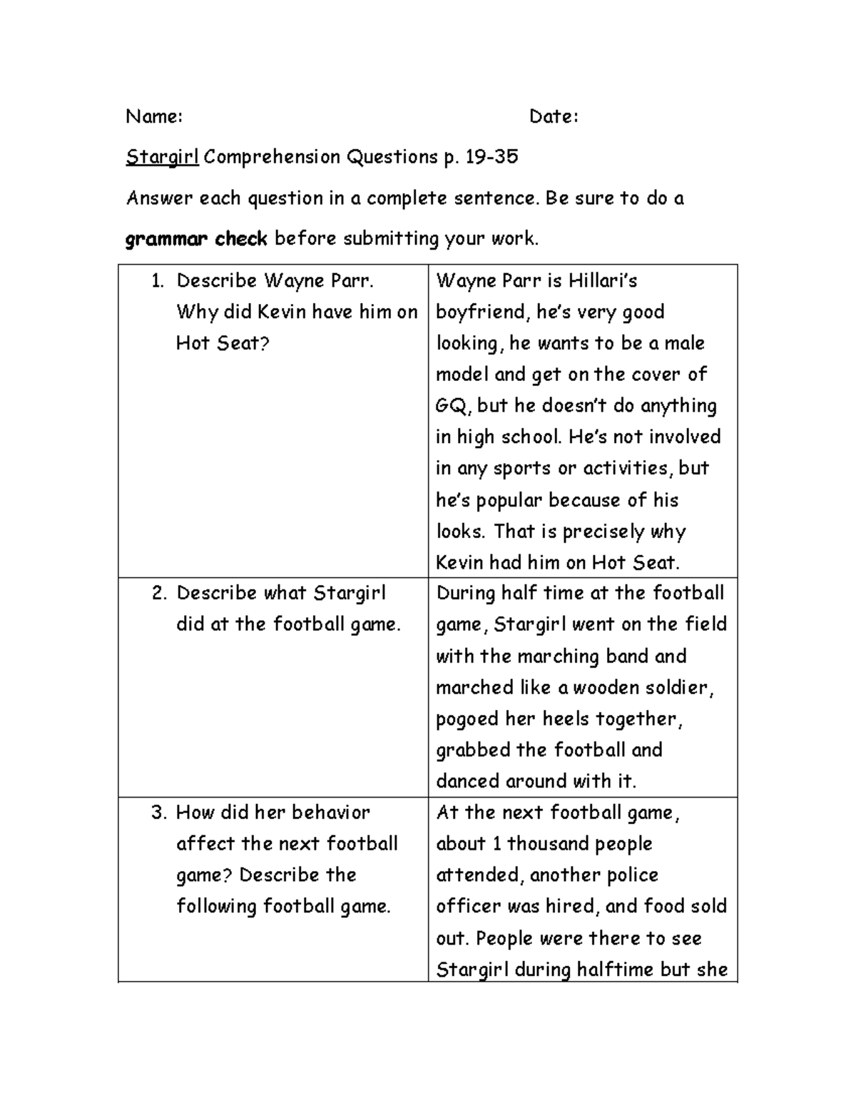 Stargirl comp questions 2 - Name: Date: Stargirl Comprehension ...