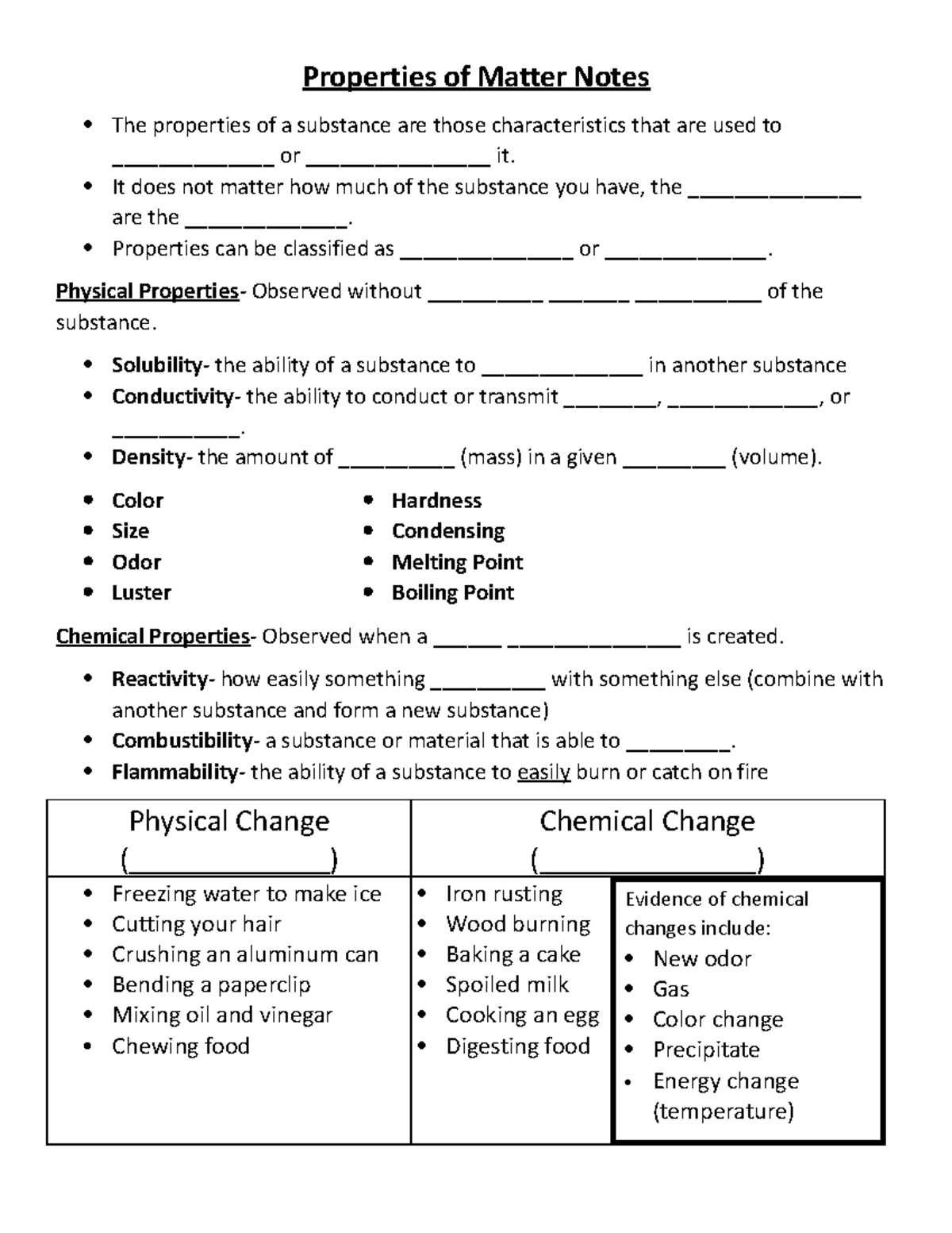 Properties of Matter Guided Notes - Properties of Matter Notes The ...
