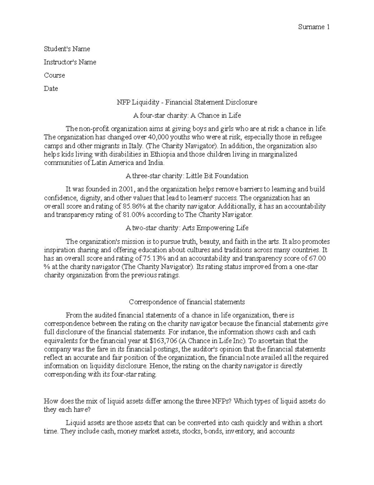 NFP Liquidity - Financial Statement Disclosure - Student's Name ...