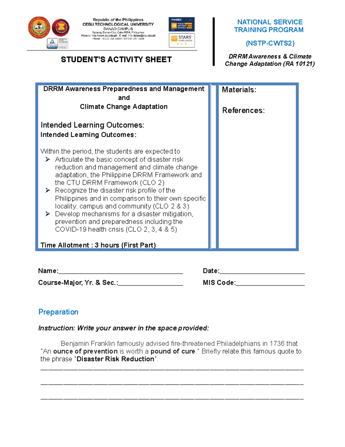 02DRRM Awareness Preparation and Management - STUDENT’S ACTIVITY SHEET DRRM Awareness ...