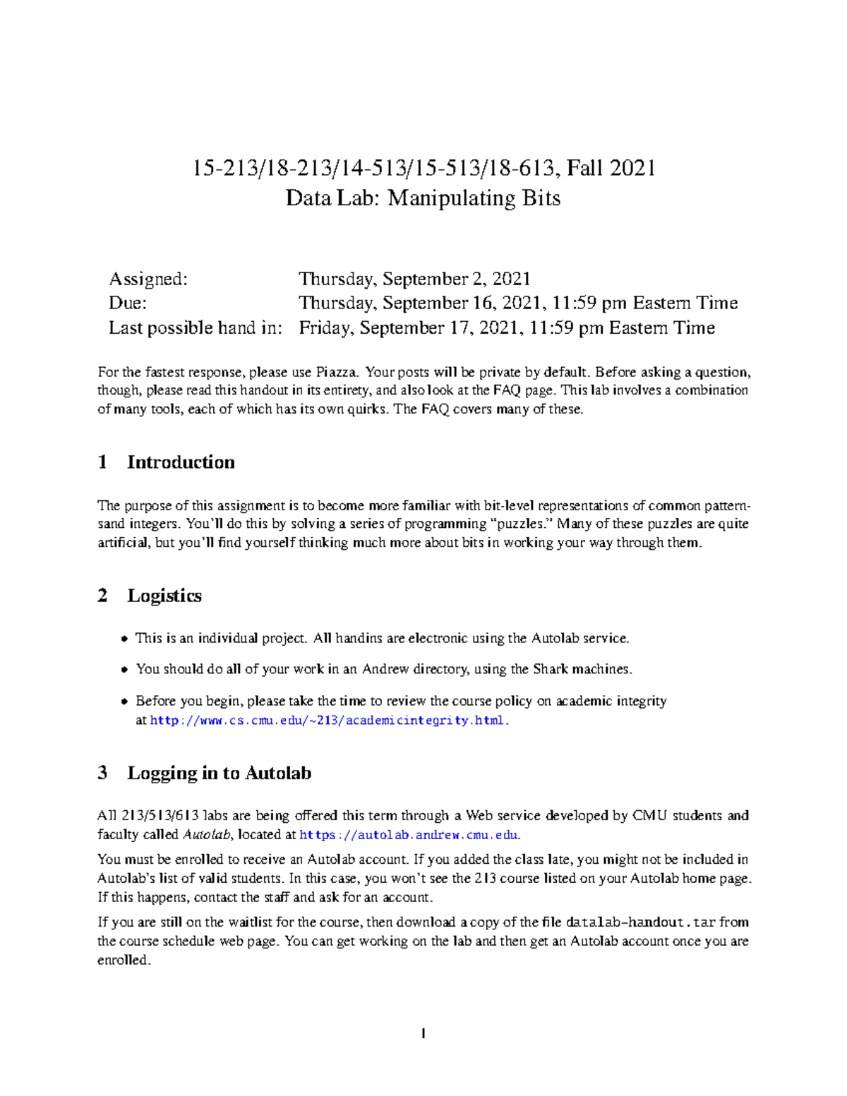 Datalab 15 213 18 213 14 513 15 513 18 613 Fall 2021 Data Lab Manipulating Bits Assigned