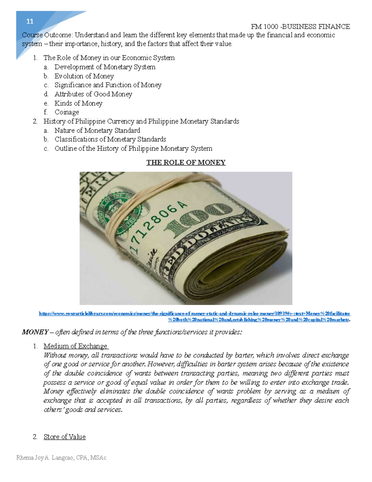 Lesson 4a - Money - FM 1000 -BUSINESS FINANCE Course Outcome ...