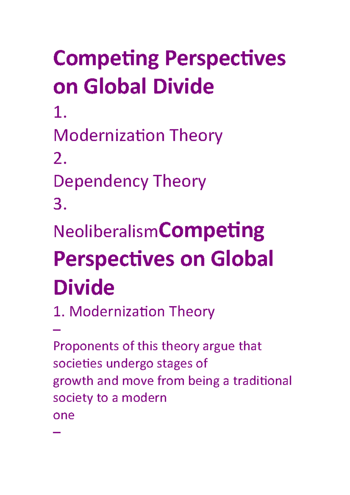 Competing Perspectives on Global Divide - Modernization Theory 2 ...