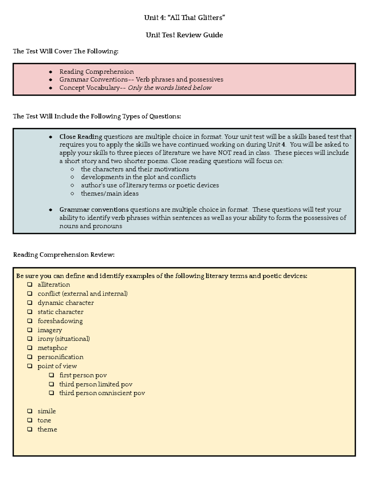 Hon eng 10 unit 4 test review guide 2023 - Google Docs - Unit 4: “All ...