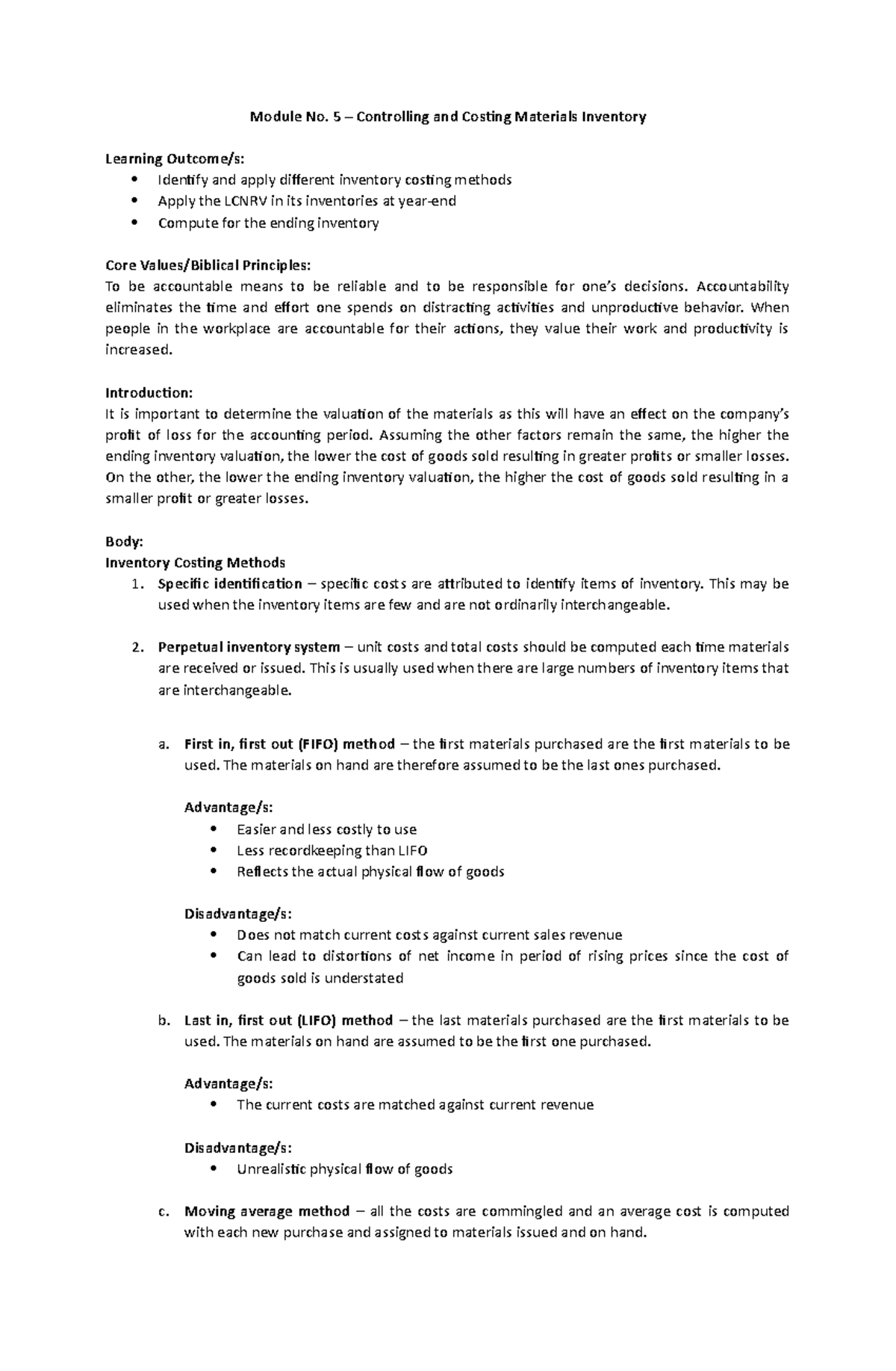 Module No 5 - Controlling and Costing Materials Inventory - Module No ...