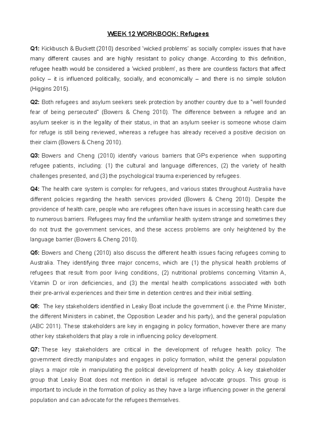 Example 2 - WEEK 12 WORKBOOK: Refugees Q1: Kickbusch & Buckett (2010 ...