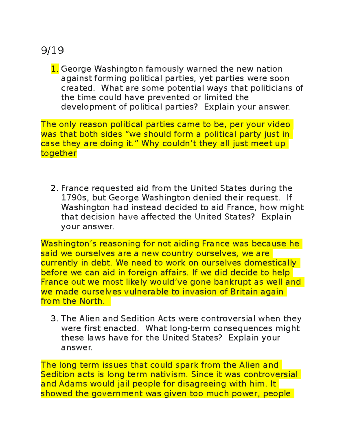 History September 19th and 21st Notes - Peyton Denson - 9/ George ...