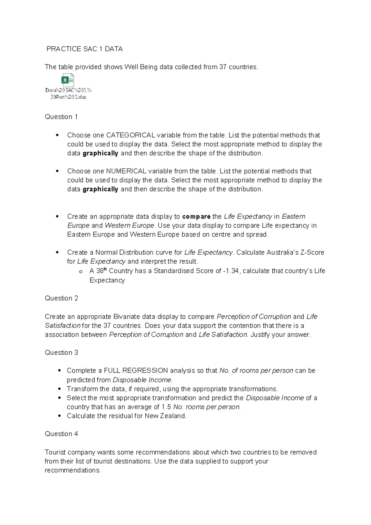SAC 1 Practice Task - PRACTICE SAC 1 DATA The table provided shows Well ...