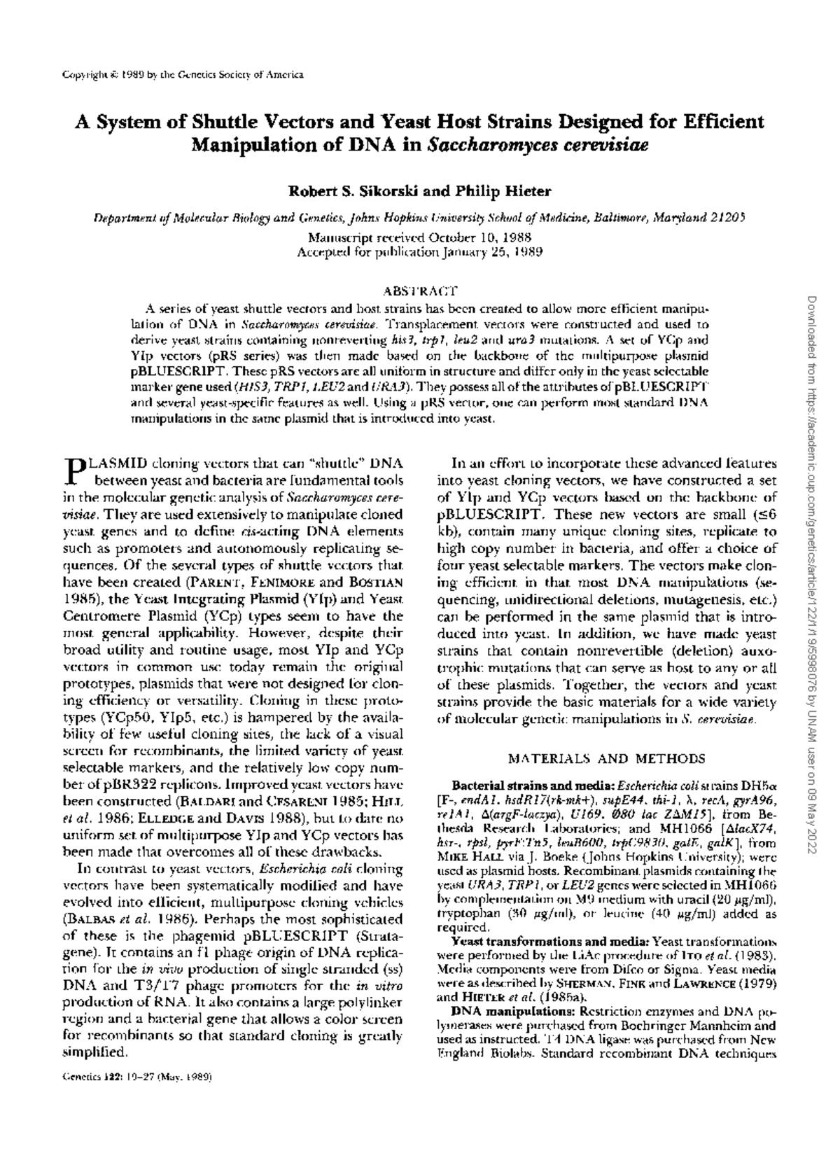 A system of shuttle vectors and yeast host strains designed for efficient manipulation of DNA in ...