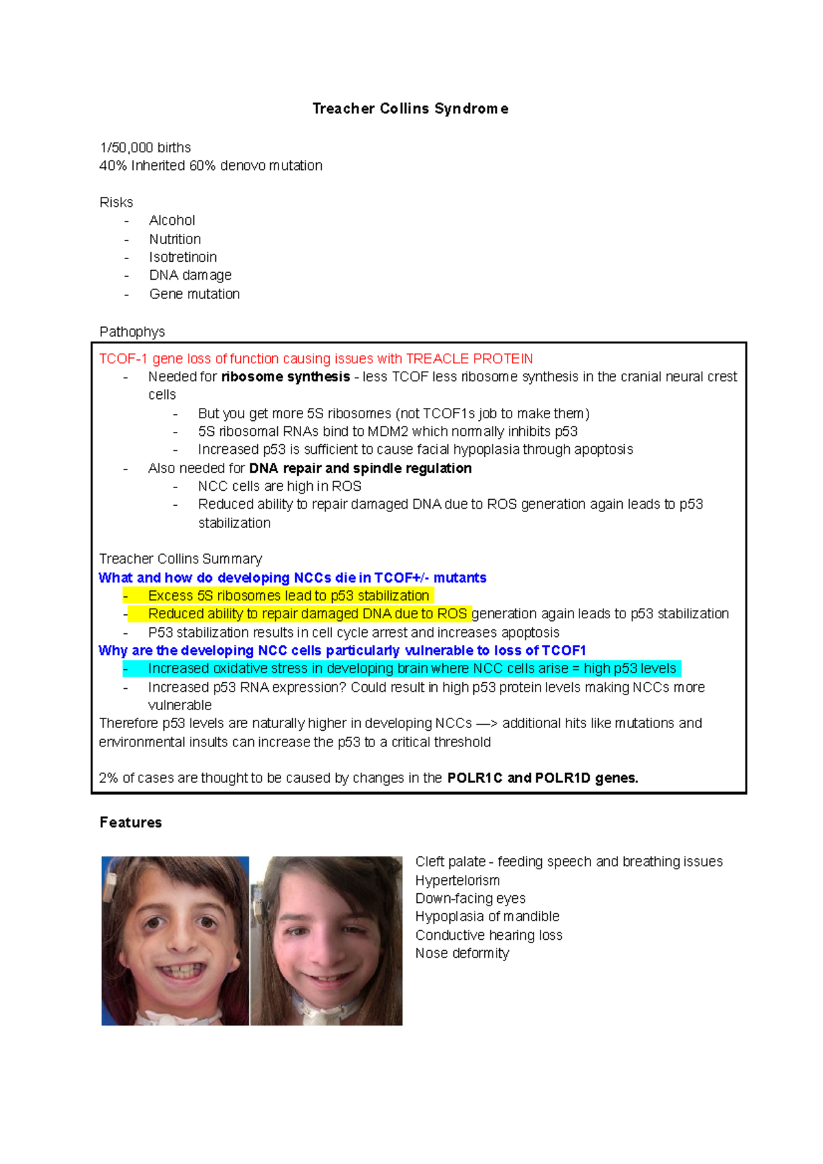 Birth Defects - Neurocristopathies Cheat Sheet - Treacher Collins ...
