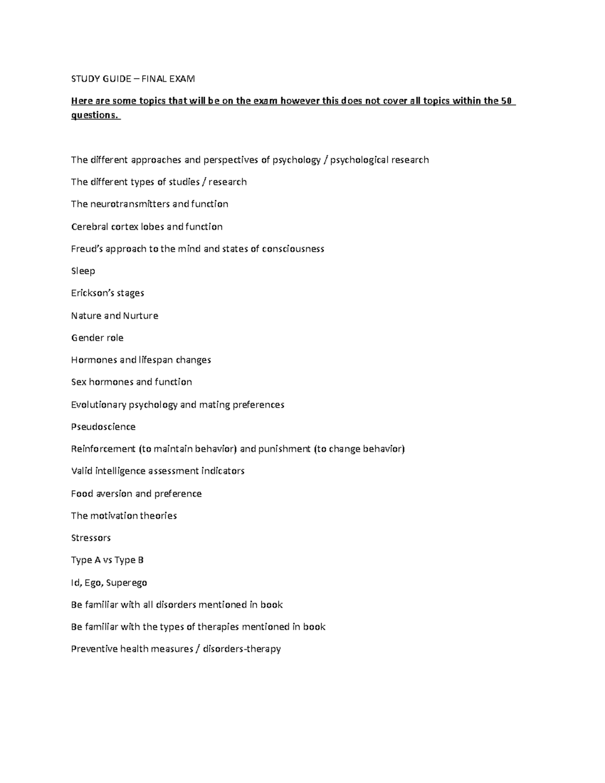 Study Guide - cool - STUDY GUIDE – FINAL EXAM Here are some topics that ...