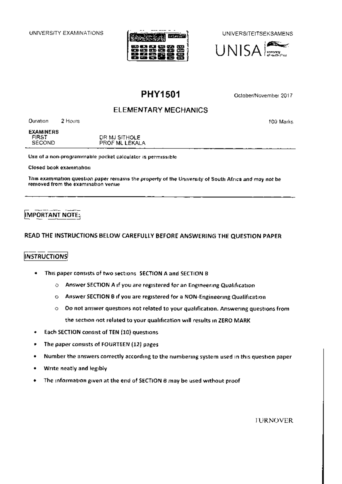 PHY1501 2017 10 E 1 1 - This exam paper is perfect for practice. - PHY1501 - Studocu