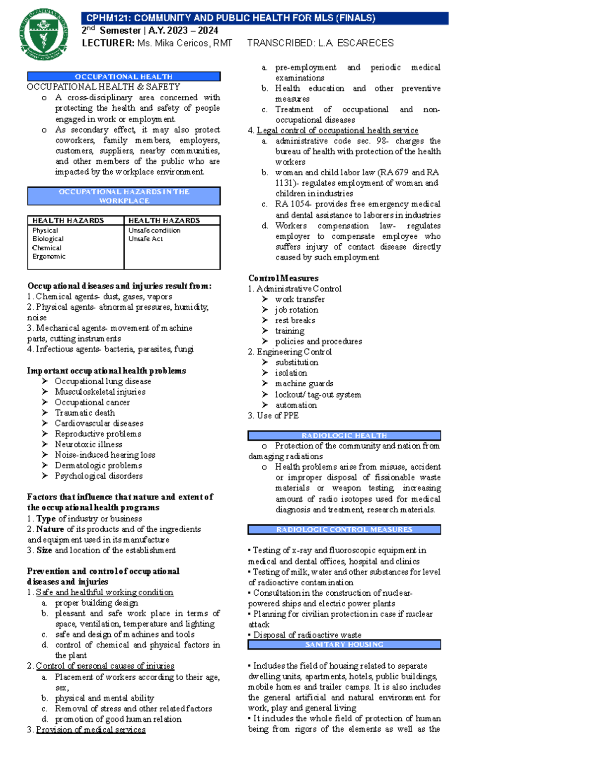 CPH M Finals - CPHM121: COMMUNITY AND PUBLIC HEALTH FOR MLS (FINALS) 2 nd Semester | A. 2023 ...