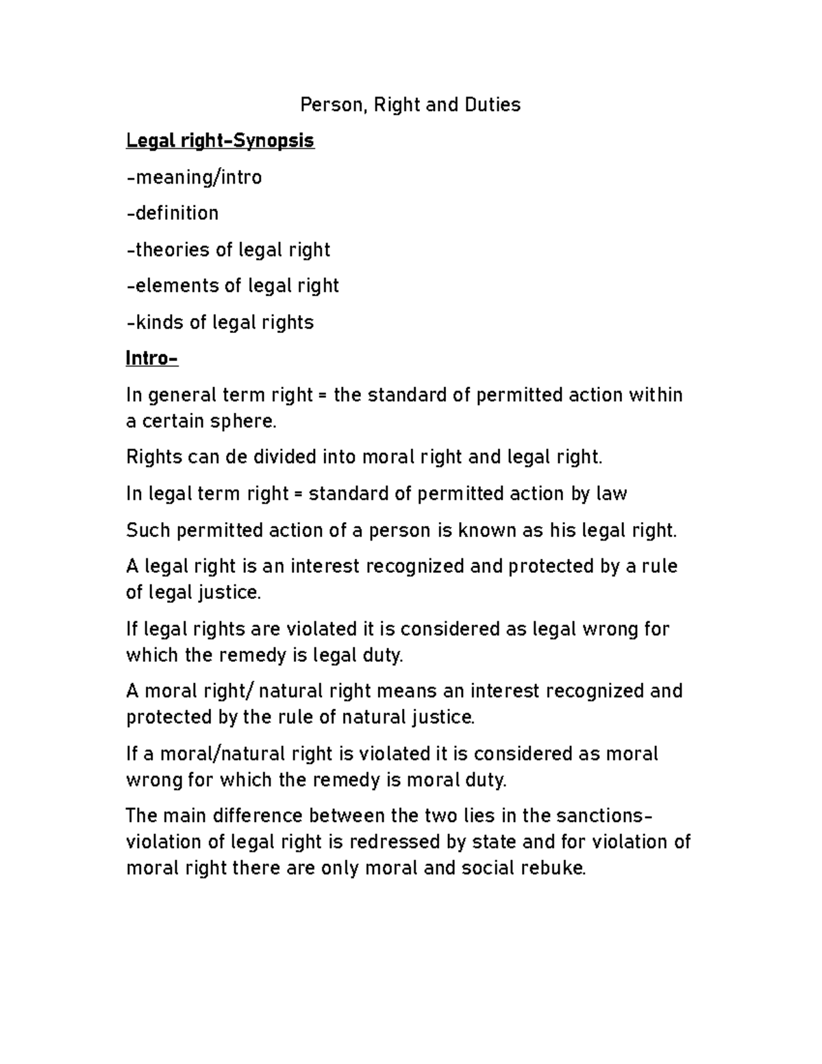 Rights and duties - NOTES - Person, Right and Duties Legal right ...