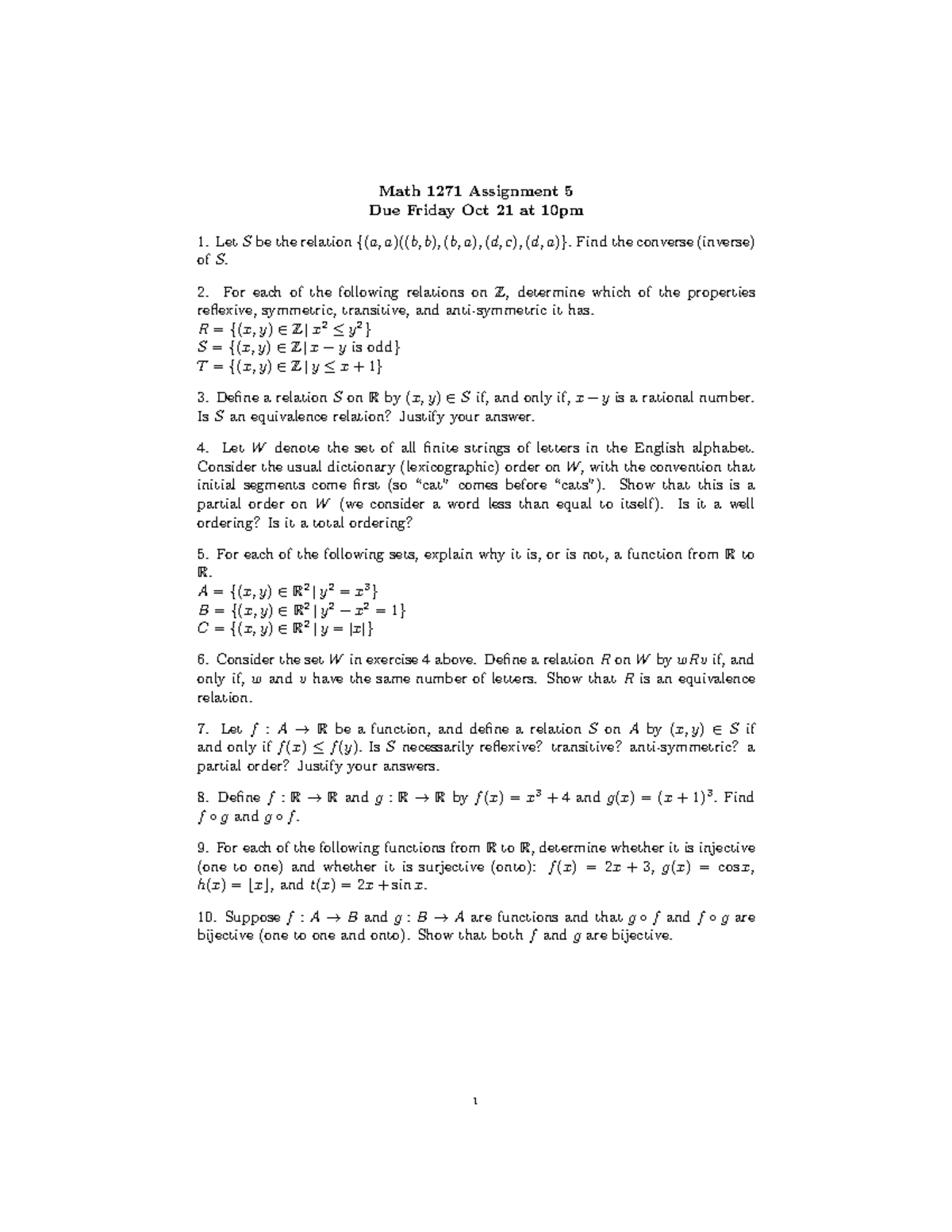 Math127122 assignment 5 (1) - Math 1271 Assignment 5 Due Friday Oct 21 ...
