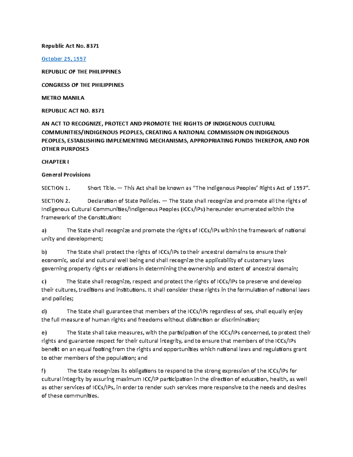 IPRA - IPRA - Republic Act No. 8371 October 29, 1997 REPUBLIC OF THE ...