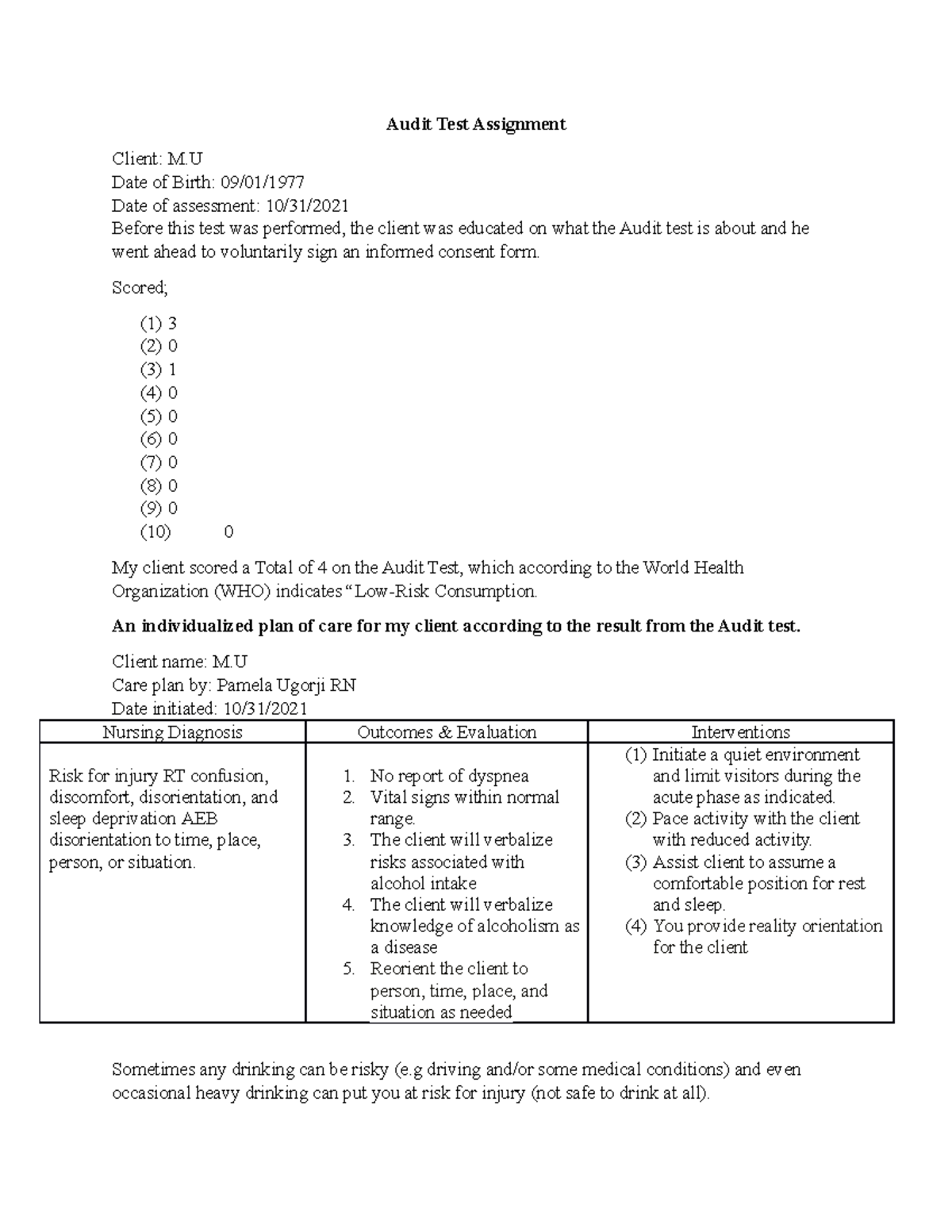 Patient Audit Test score 1 - Audit Test Assignment Client: M Date of ...