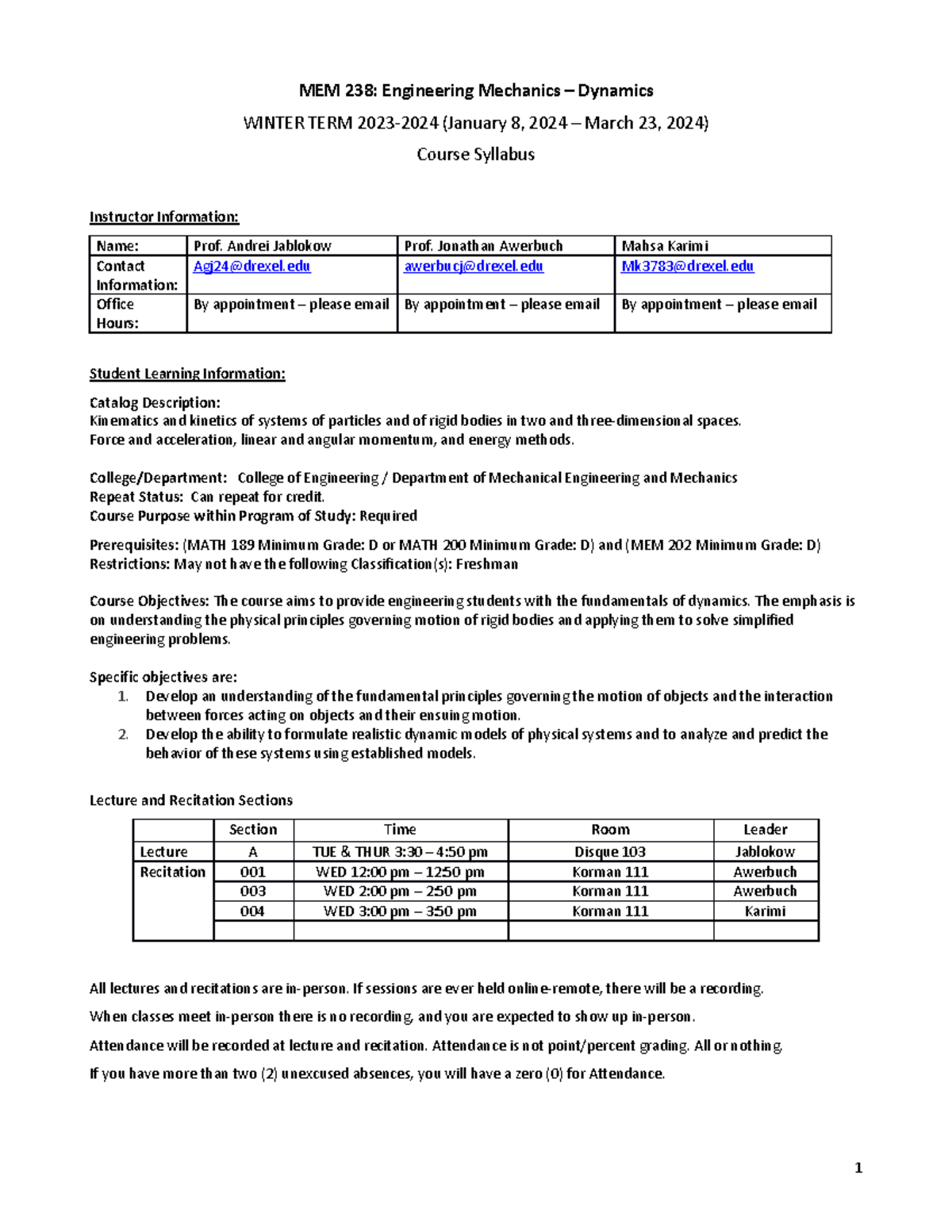 MEM-238-Syllabus-Winter 2023-25 - MEM 238: Engineering Mechanics – Dynamics WINTER TERM 2023 ...