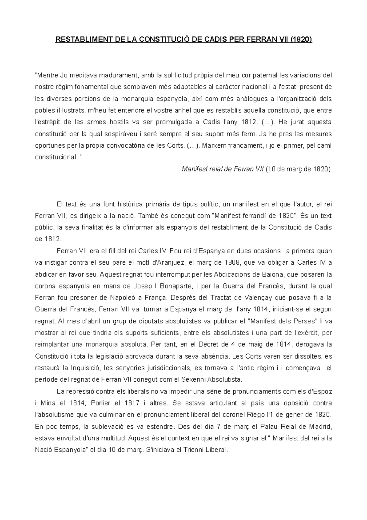 Restabliment DE LA Constitució DE Cadis PER Ferran VII (1820) - RESTABLIMENT DE LA CONSTITUCIÓ ...