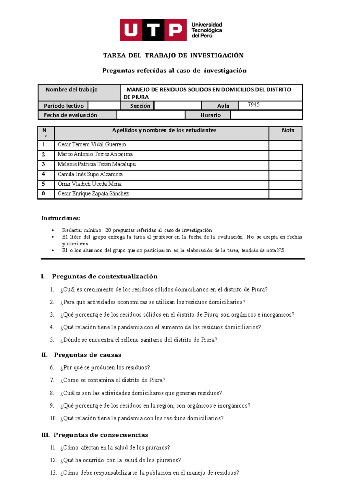 Modelo de preguntas de investigación - TAREA DEL TRABAJO DE INVESTIGACIÓN Preguntas referidas al ...