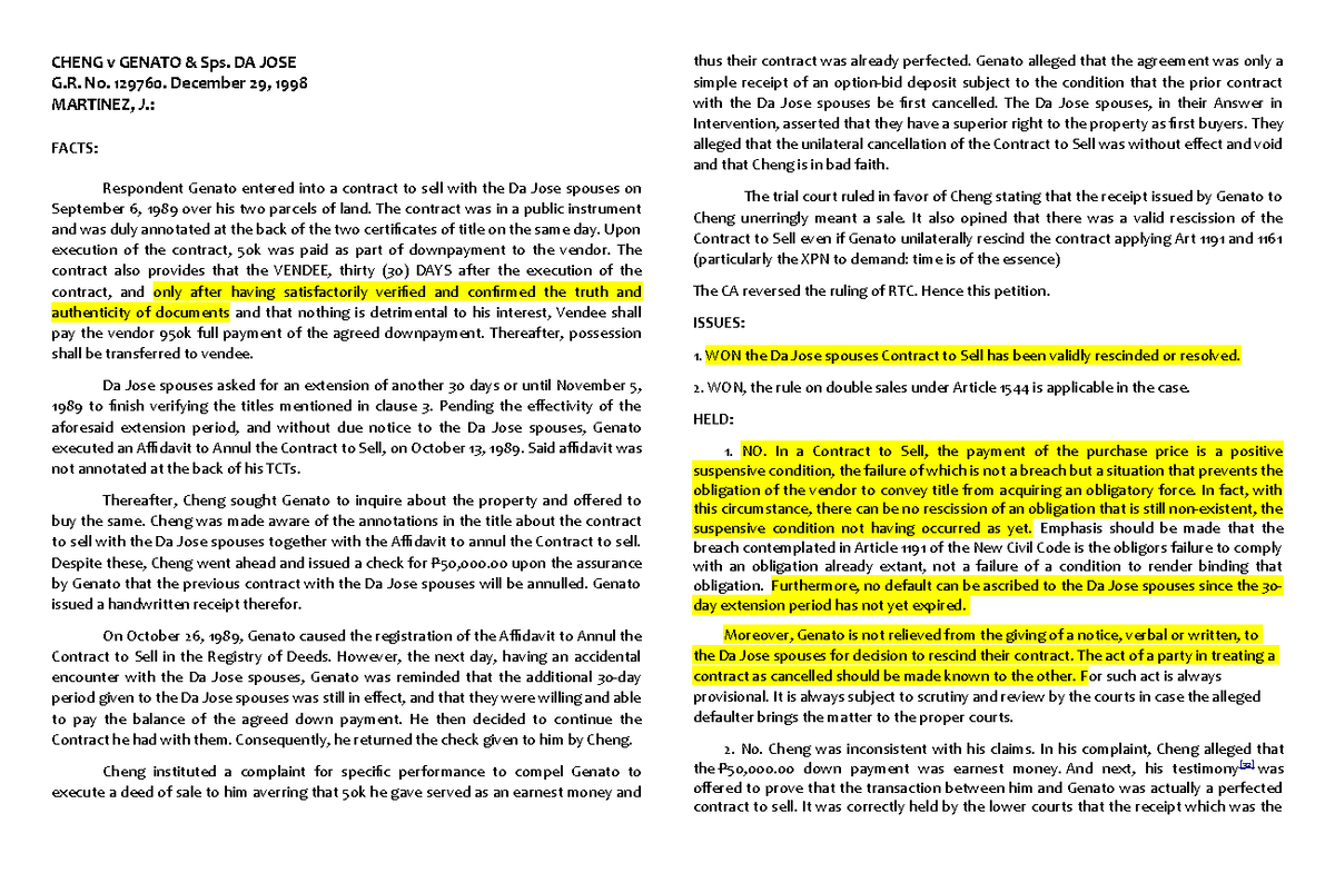 1.1.1. Cheng v Genato digest - CHENG v GENATO & Sps. DA JOSE G. No ...