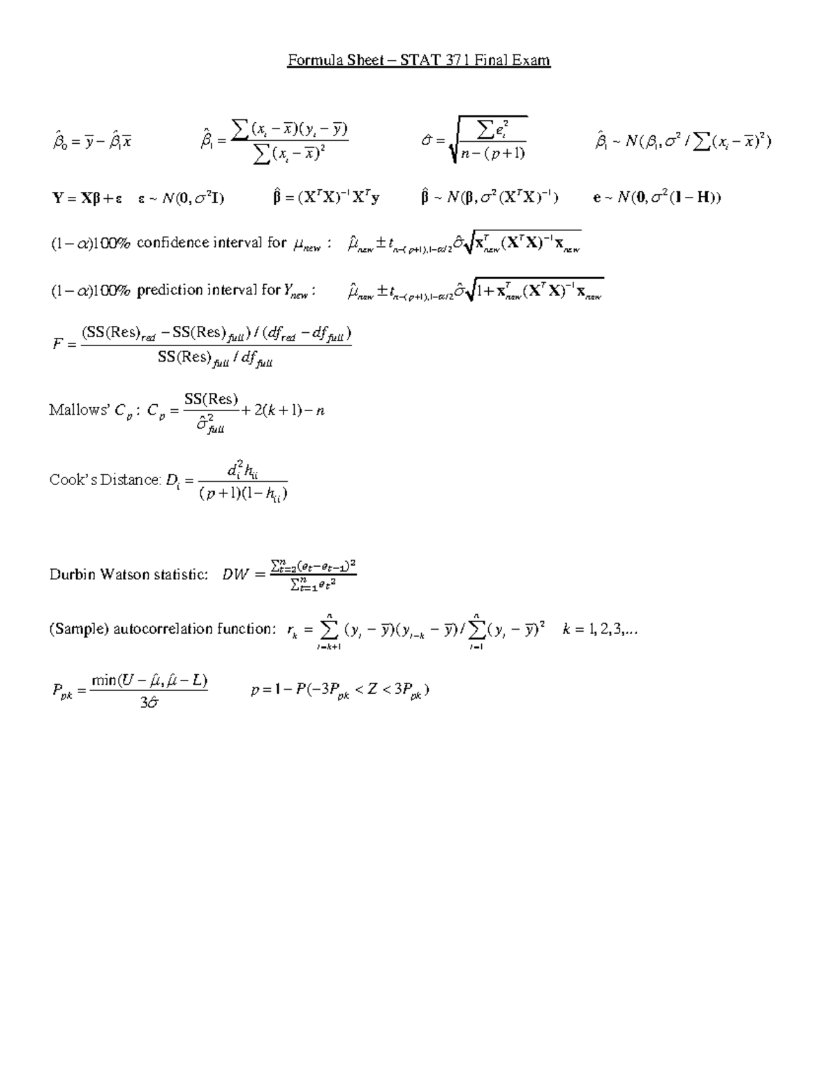 Formula Sheet - STAT 371 W23 Final Exam - Formula Sheet – STAT 371 ...