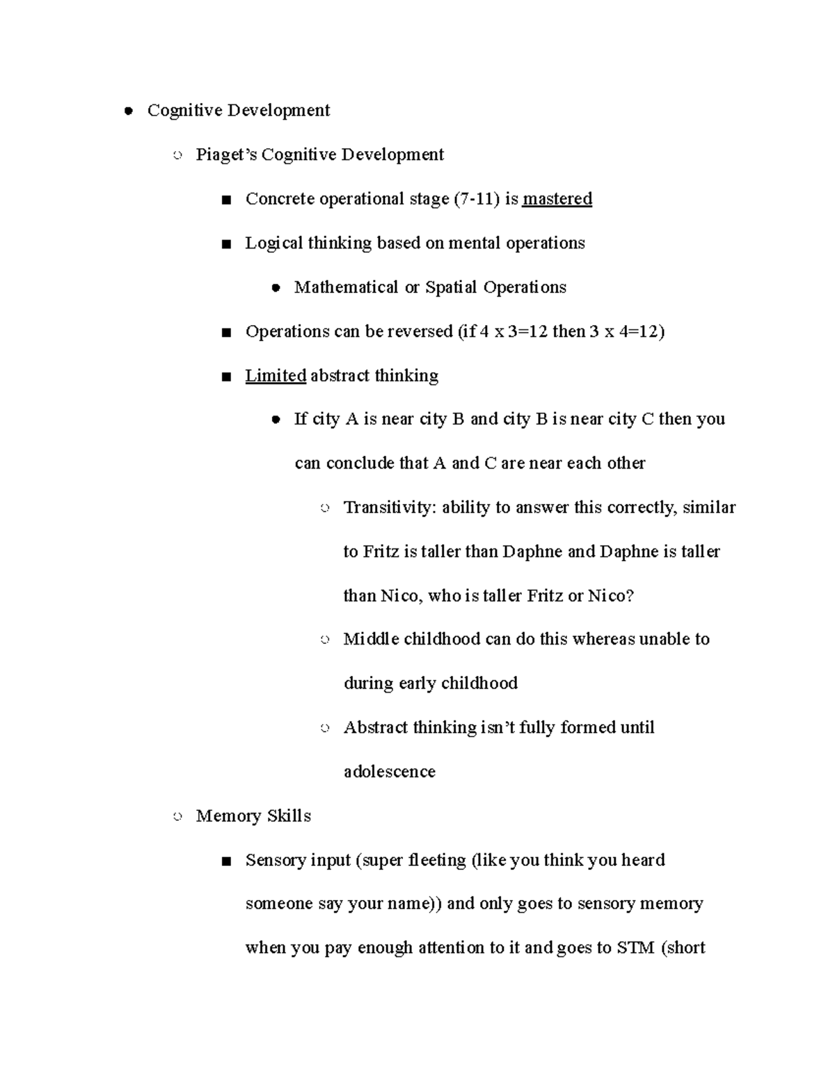 Middle Childhood Cognitive Development and Intelligence - Cognitive Development Piaget’s - Studocu