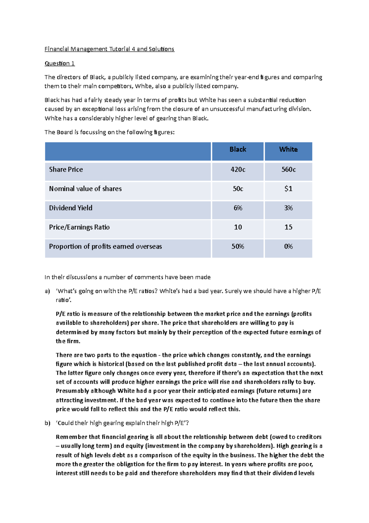 Financial Management Tutorial 4 and Solutions - Financial Management ...