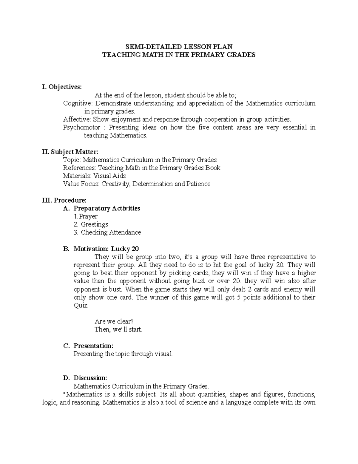 Lesson plan - SEMI-DETAILED LESSON PLAN TEACHING MATH IN THE PRIMARY ...